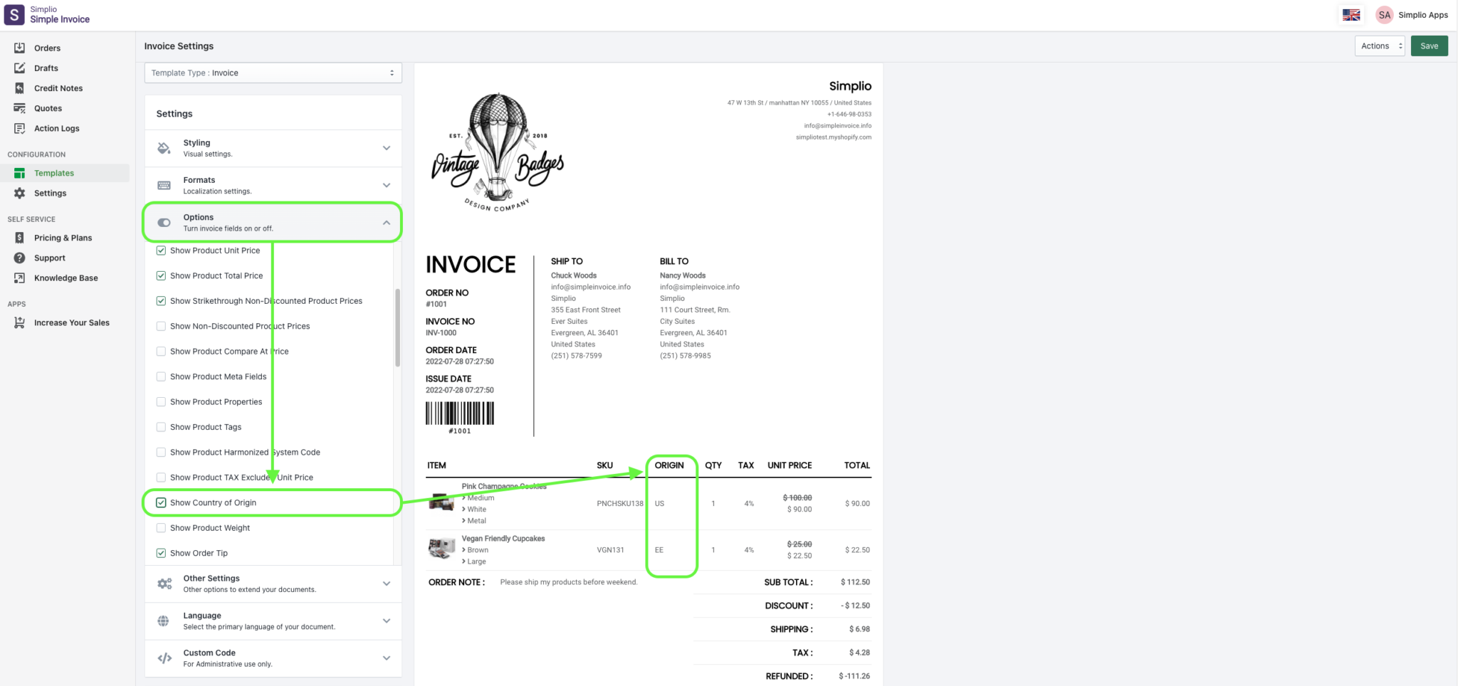 How can I display the country of origin information for my products ...