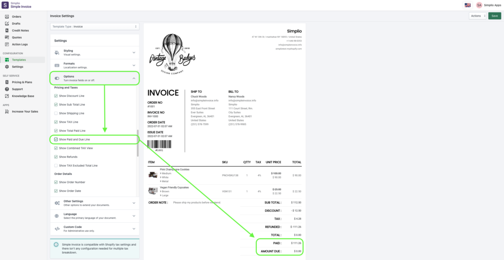 How can I display paid and due amounts on my invoices? – Simplio Support