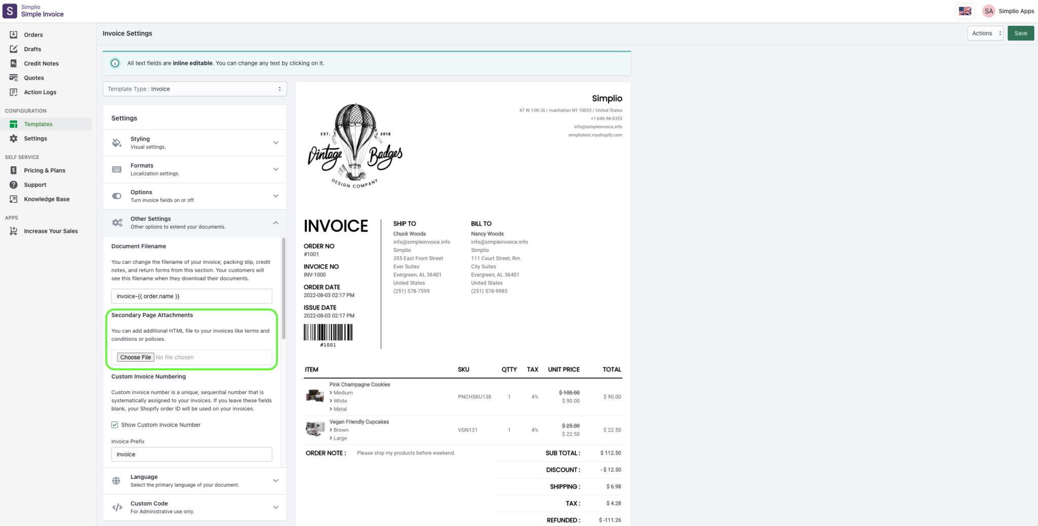 How can I insert a secondary page to my invoices? – Simplio Support