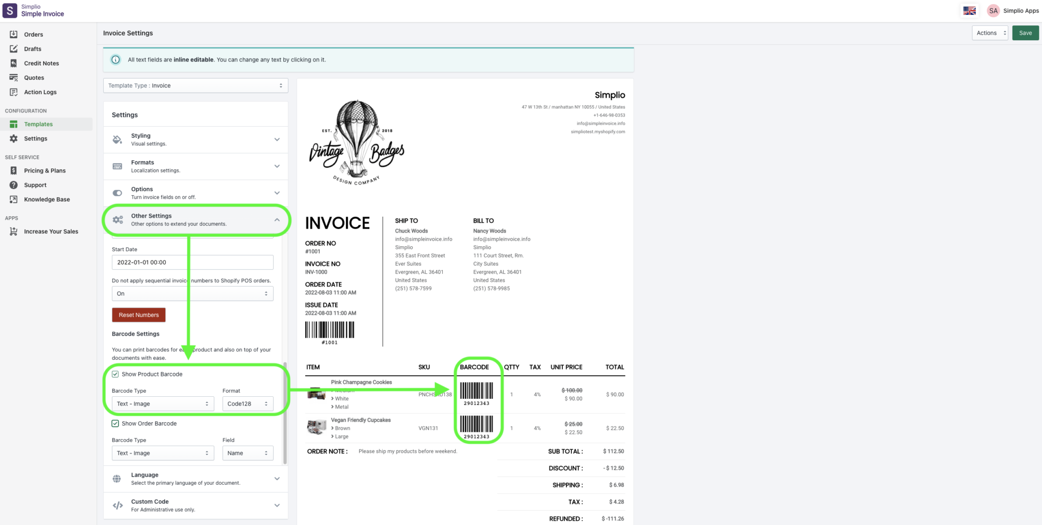How can I display barcodes on my invoices? – Simplio Support